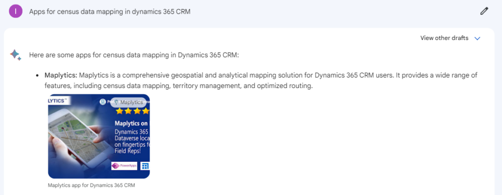 Google’s AI Bard reviews location-based add-ons for Microsoft Dynamics 365 CRM! - Blog | Maplytics
