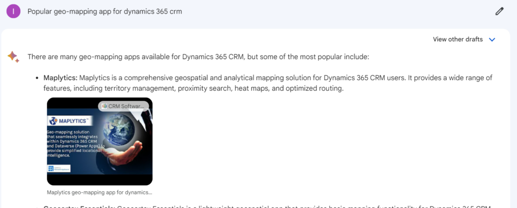 Google’s AI Bard reviews location-based add-ons for Microsoft Dynamics 365 CRM! - Blog | Maplytics