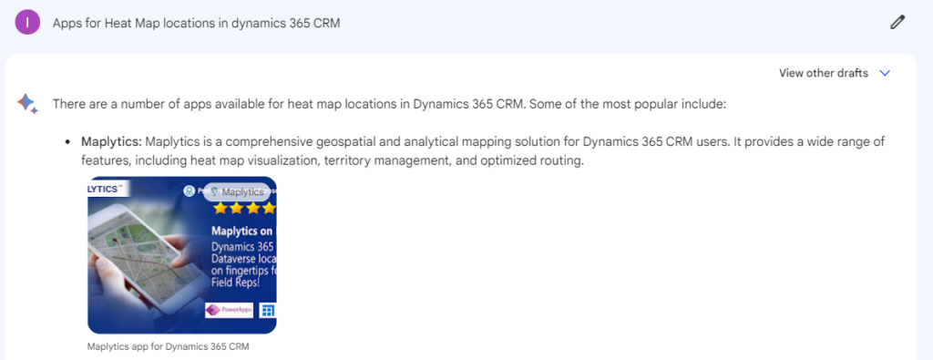 Google’s AI Bard reviews location-based add-ons for Microsoft Dynamics 365 CRM! - Blog | Maplytics