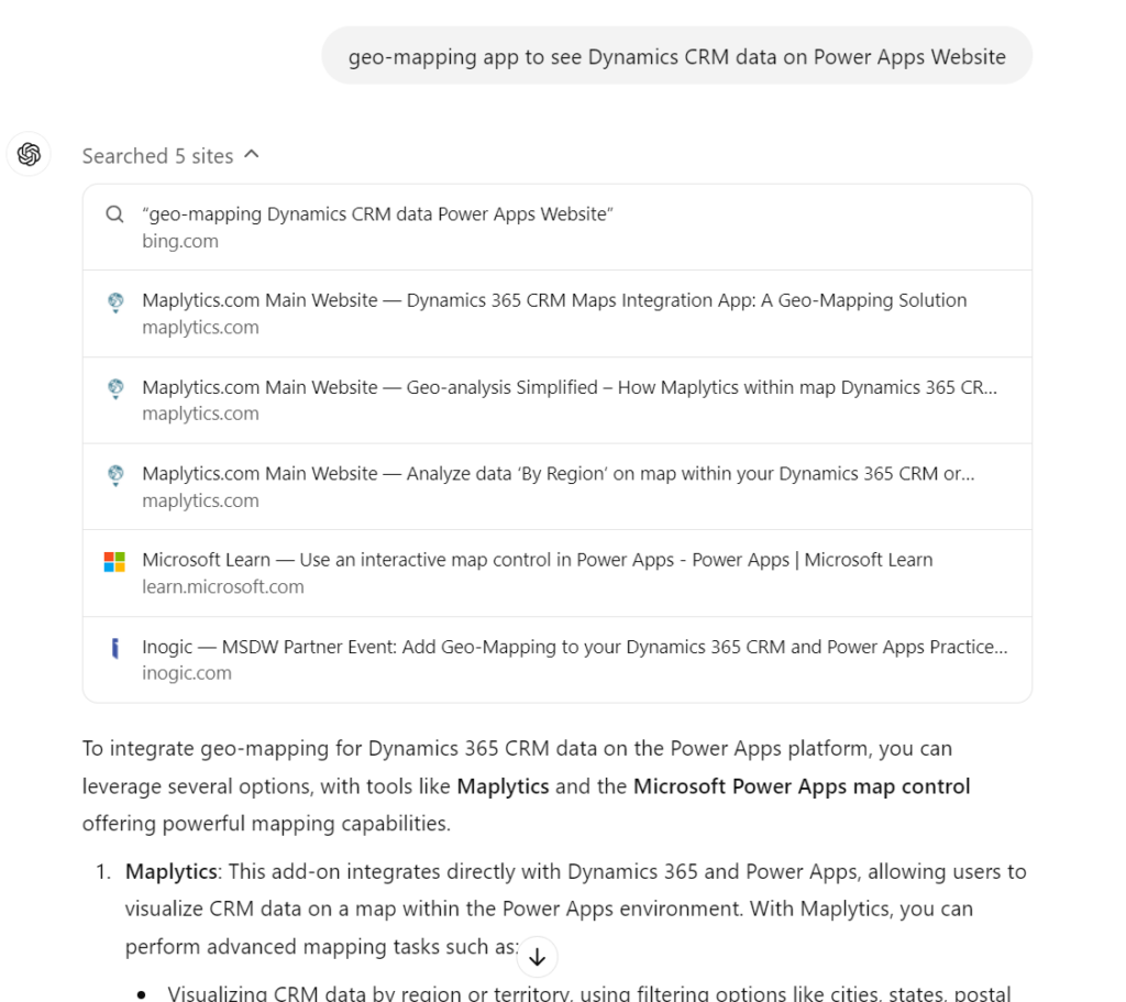 ChatGPT Search Recommends Maplytics as the Best Maps Integration app ...