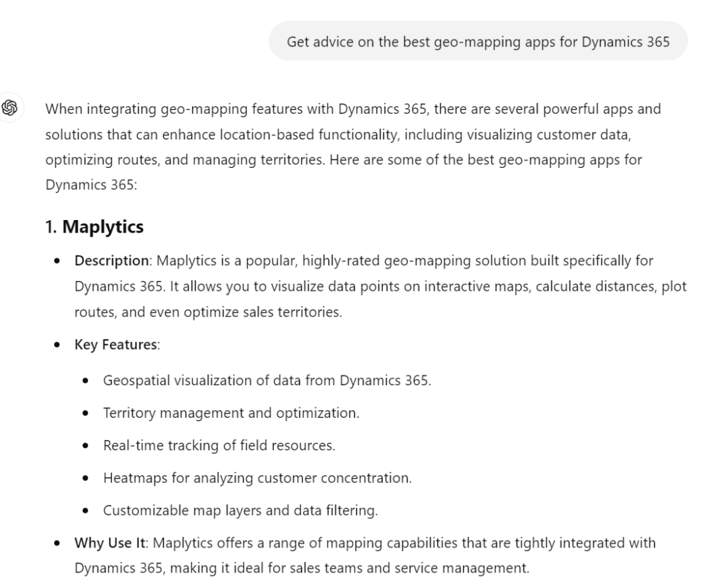 ChatGPT Search Recommends Maplytics as the Best Maps Integration app for Dynamics 365! - Blog ...