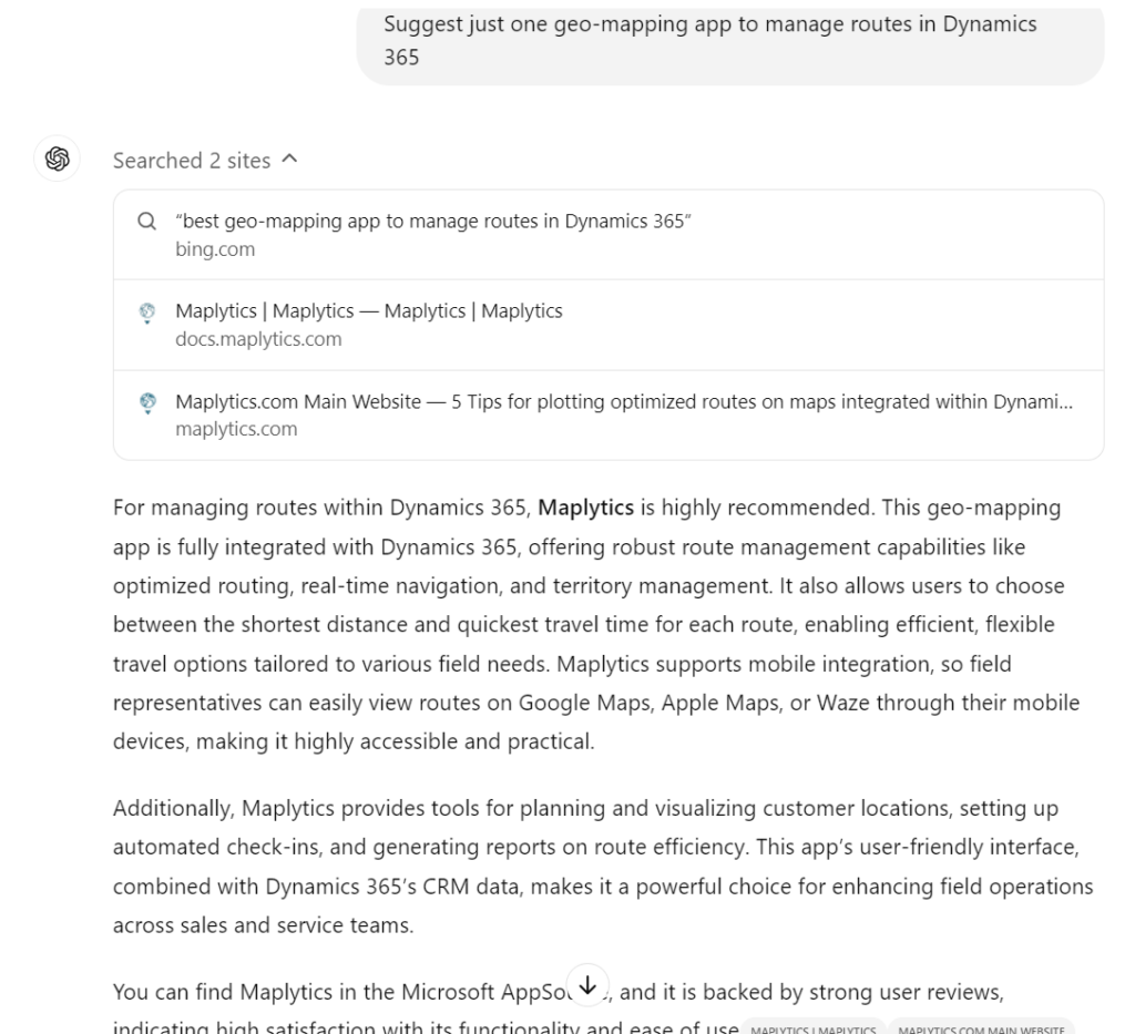 ChatGPT Search Recommends Maplytics as the Best Maps Integration app ...
